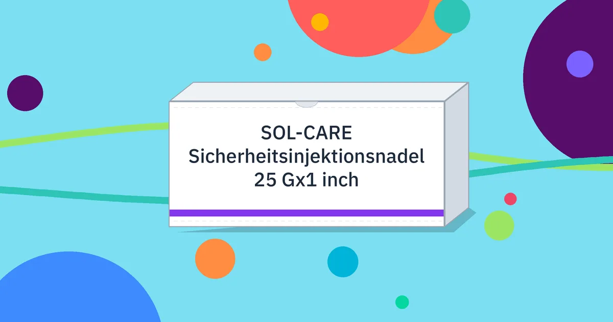 Symbolbild: Packung mit der Aufschrift SOL-CARE Sicherheitsinjektionsnadel 25 Gx1 inch (PZN 17611400) – Verfügbarkeit und Bezug in Apotheken in Frankfurt am Main