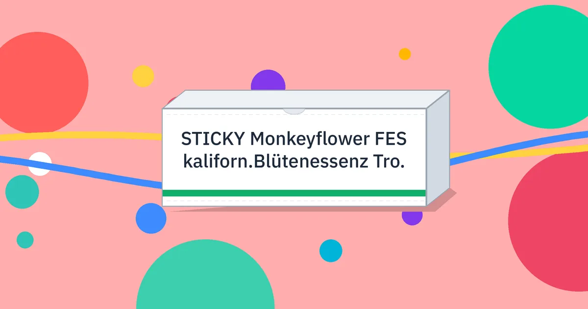 Symbolbild: Packung mit der Aufschrift STICKY Monkeyflower FES kaliforn.Blütenessenz Tro. (PZN 09172866) – Verfügbarkeit und Bezug in Apotheken in Frankfurt am Main