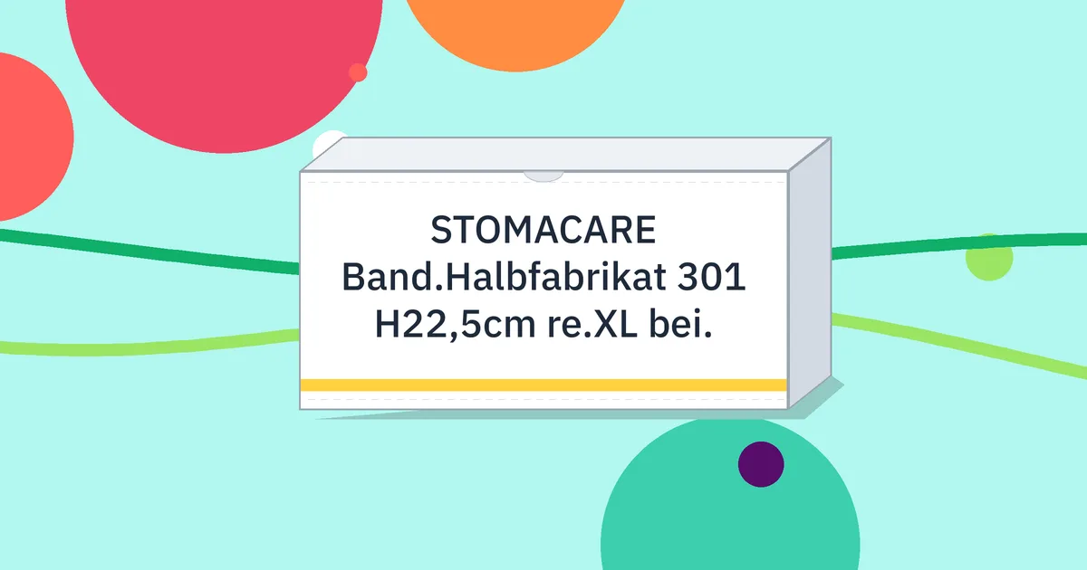Symbolbild: Packung mit der Aufschrift STOMACARE Band.Halbfabrikat 301 H22,5cm re.XL bei. (PZN 07663844) – Verfügbarkeit und Bezug in Apotheken in Frankfurt am Main