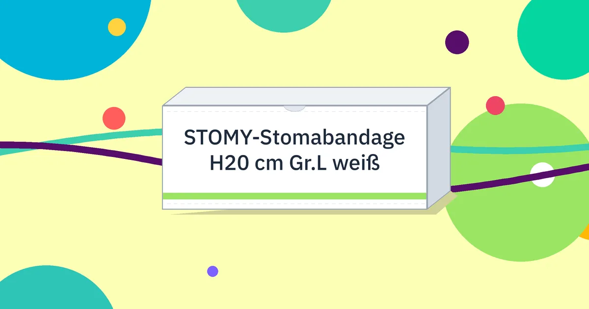 Symbolbild: Packung mit der Aufschrift STOMY-Stomabandage H20 cm Gr.L weiß (PZN 16314841) – Verfügbarkeit und Bezug in Apotheken in Frankfurt am Main
