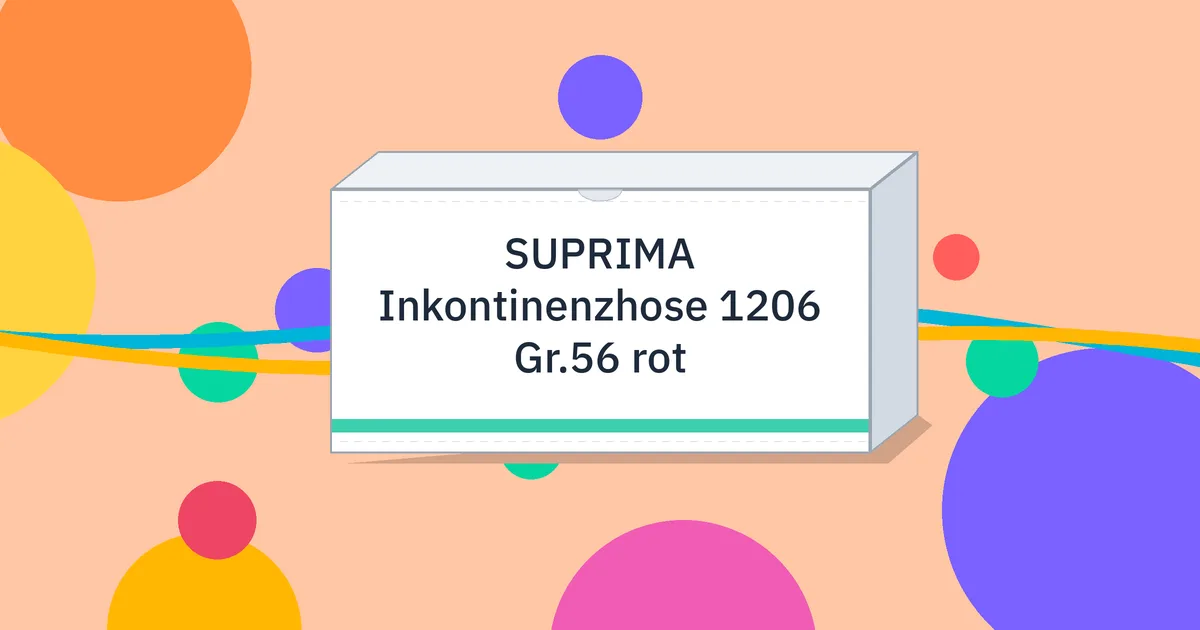 Symbolbild: Packung mit der Aufschrift SUPRIMA Inkontinenzhose 1206 Gr.56 rot (PZN 01513397) – Verfügbarkeit und Bezug in Apotheken in Frankfurt am Main