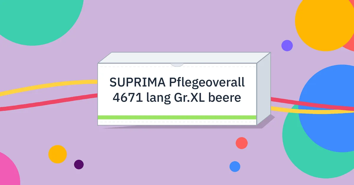 Symbolbild: Packung mit der Aufschrift SUPRIMA Pflegeoverall 4671 lang Gr.XL beere (PZN 11660082) – Verfügbarkeit und Bezug in Apotheken in Frankfurt am Main