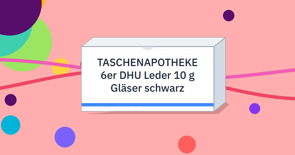 Symbolbild: Packung mit der Aufschrift TASCHENAPOTHEKE 6er DHU Leder 10 g Gläser schwarz (PZN 11035680) – Verfügbarkeit und Bezug in Apotheken in Frankfurt am Main
