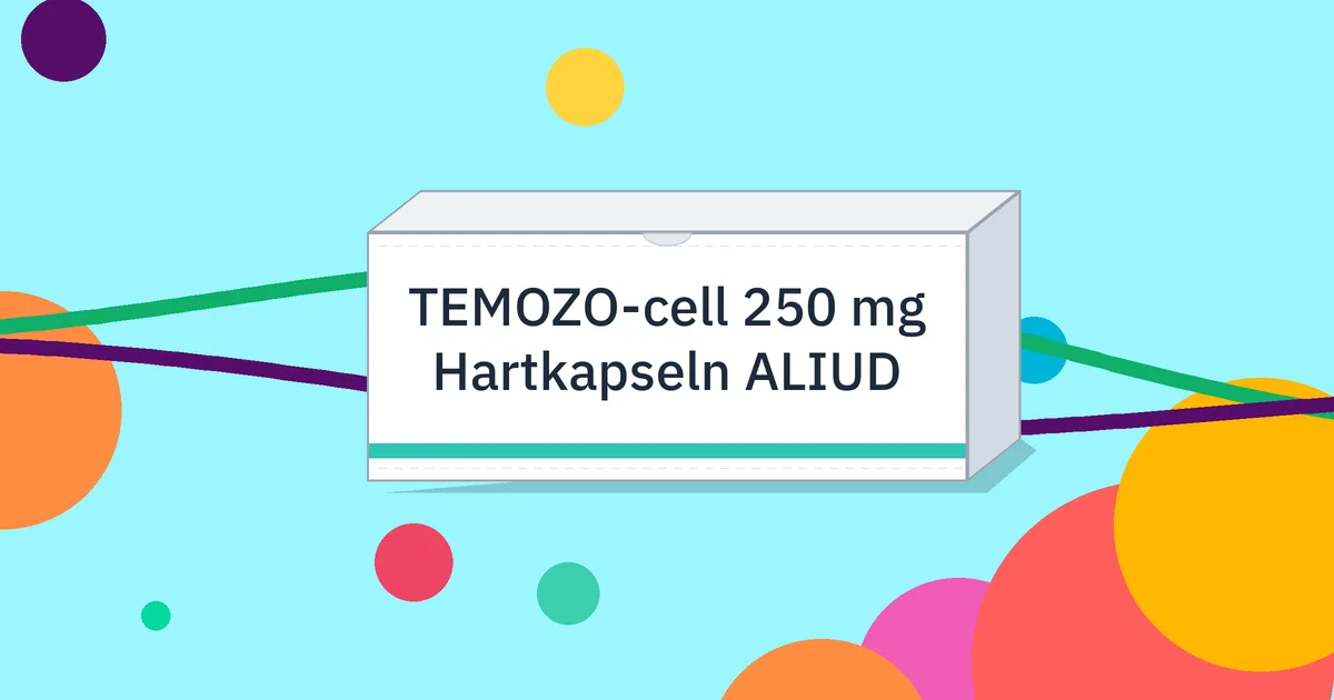 Symbolbild: Packung mit der Aufschrift TEMOZO-cell 250 mg Hartkapseln ALIUD (PZN 13168712) – Verfügbarkeit und Bezug in Apotheken in Frankfurt am Main