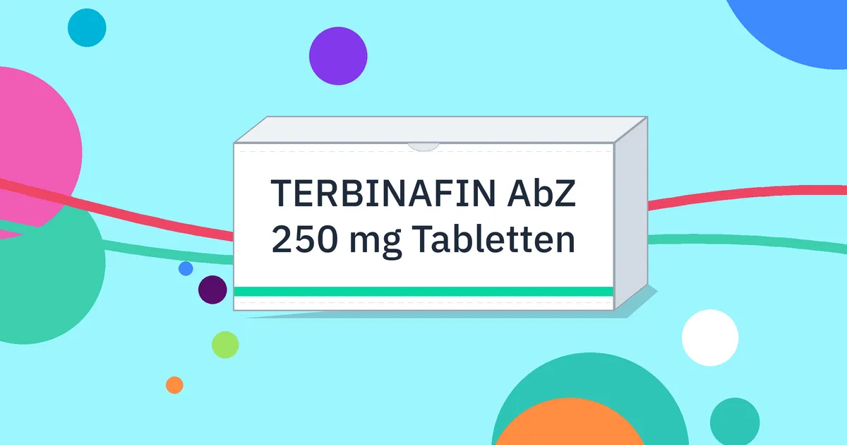 Symbolbild: Packung mit der Aufschrift TERBINAFIN AbZ 250 mg Tabletten (PZN 04258681) – Verfügbarkeit und Bezug in Apotheken in Frankfurt am Main