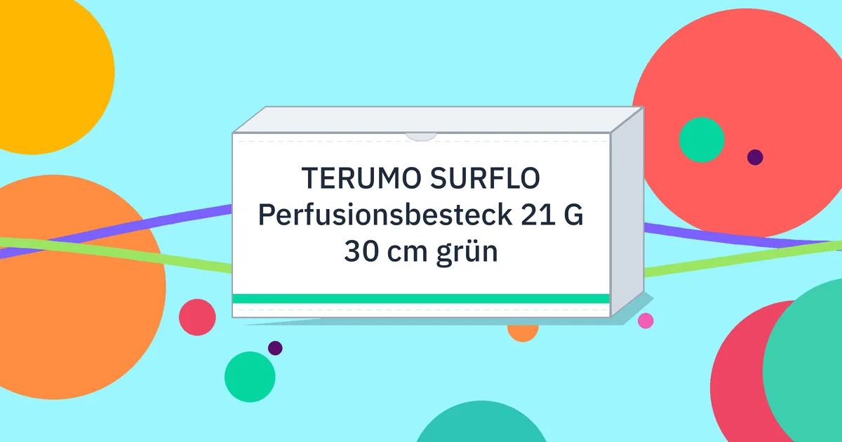 Symbolbild: Packung mit der Aufschrift TERUMO SURFLO Perfusionsbesteck 21 G 30 cm grün (PZN 09898089) – Verfügbarkeit und Bezug in Apotheken in Frankfurt am Main