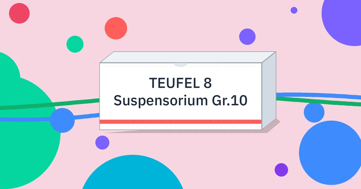 Symbolbild: Packung mit der Aufschrift TEUFEL 8 Suspensorium Gr.10 (PZN 02299405) – Verfügbarkeit und Bezug in Apotheken in Frankfurt am Main