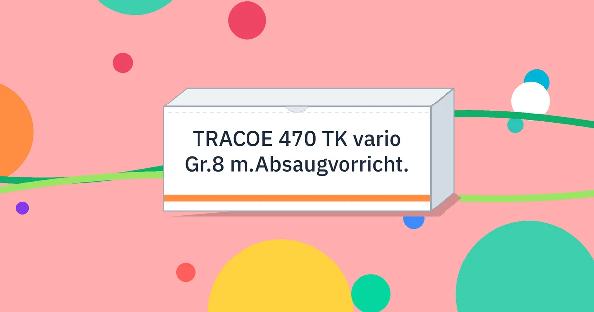 Symbolbild: Packung mit der Aufschrift TRACOE 470 TK vario Gr.8 m.Absaugvorricht. (PZN 04414023) – Verfügbarkeit und Bezug in Apotheken in Frankfurt am Main