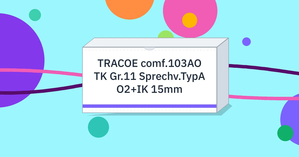 Symbolbild: Packung mit der Aufschrift TRACOE comf.103AO TK Gr.11 Sprechv.TypA O2+IK 15mm (PZN 18232627) – Verfügbarkeit und Bezug in Apotheken in Frankfurt am Main