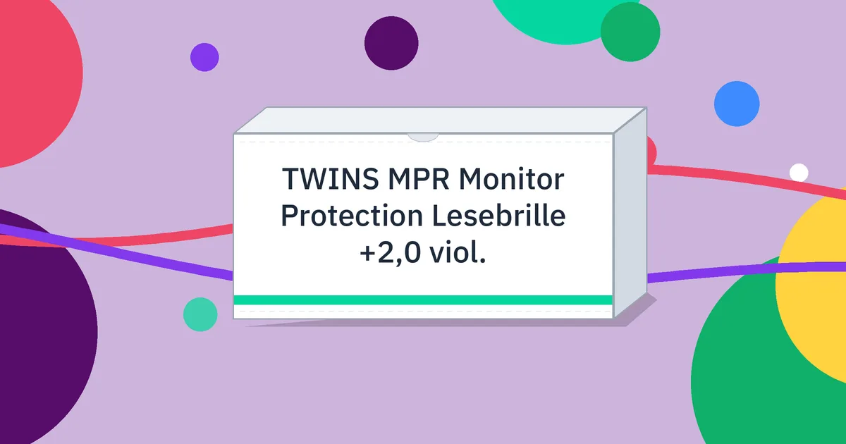 Symbolbild: Packung mit der Aufschrift TWINS MPR Monitor Protection Lesebrille +2,0 viol. (PZN 13344534) – Verfügbarkeit und Bezug in Apotheken in Frankfurt am Main