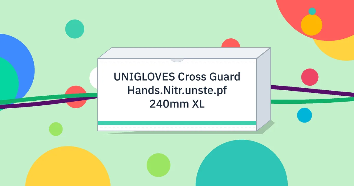 Symbolbild: Packung mit der Aufschrift UNIGLOVES Cross Guard Hands.Nitr.unste.pf 240mm XL (PZN 19343435) – Verfügbarkeit und Bezug in Apotheken in Frankfurt am Main