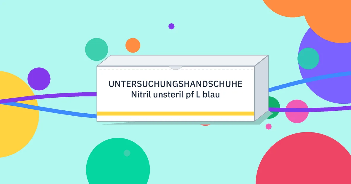 Symbolbild: Packung mit der Aufschrift UNTERSUCHUNGSHANDSCHUHE Nitril unsteril pf L blau (PZN 14399997) – Verfügbarkeit und Bezug in Apotheken in Frankfurt am Main