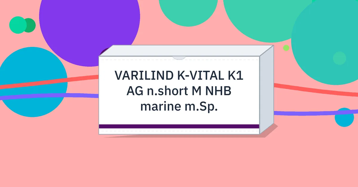 Symbolbild: Packung mit der Aufschrift VARILIND K-VITAL K1 AG n.short M NHB marine m.Sp. (PZN 20563024) – Verfügbarkeit und Bezug in Apotheken in Frankfurt am Main