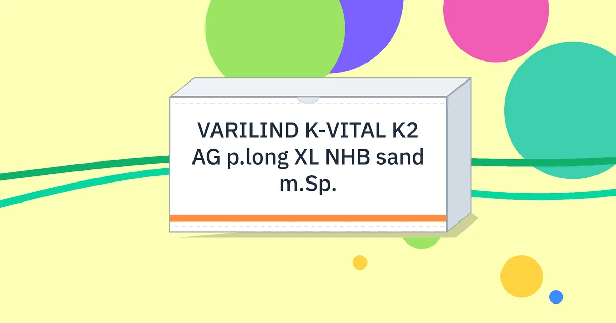 Symbolbild: Packung mit der Aufschrift VARILIND K-VITAL K2 AG p.long XL NHB sand m.Sp. (PZN 20564383) – Verfügbarkeit und Bezug in Apotheken in Frankfurt am Main