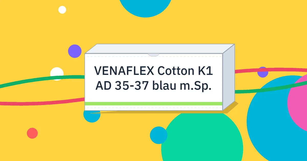 Symbolbild: Packung mit der Aufschrift VENAFLEX Cotton K1 AD 35-37 blau m.Sp. (PZN 18309040) – Verfügbarkeit und Bezug in Apotheken in Frankfurt am Main