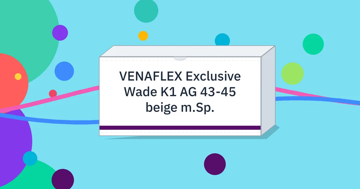 Symbolbild: Packung mit der Aufschrift VENAFLEX Exclusive Wade K1 AG 43-45 beige m.Sp. (PZN 18309198) – Verfügbarkeit und Bezug in Apotheken in Frankfurt am Main
