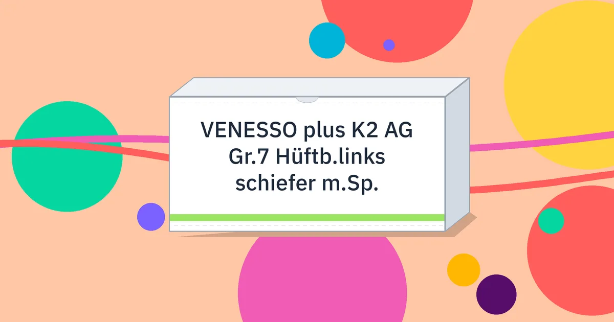 Symbolbild: Packung mit der Aufschrift VENESSO plus K2 AG Gr.7 Hüftb.links schiefer m.Sp. (PZN 03308425) – Verfügbarkeit und Bezug in Apotheken in Frankfurt am Main