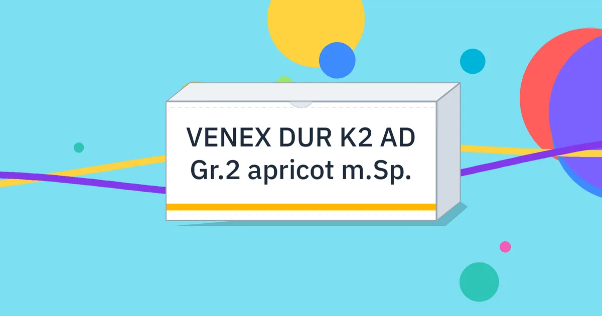 Symbolbild: Packung mit der Aufschrift VENEX DUR K2 AD Gr.2 apricot m.Sp. (PZN 03208942) – Verfügbarkeit und Bezug in Apotheken in Frankfurt am Main
