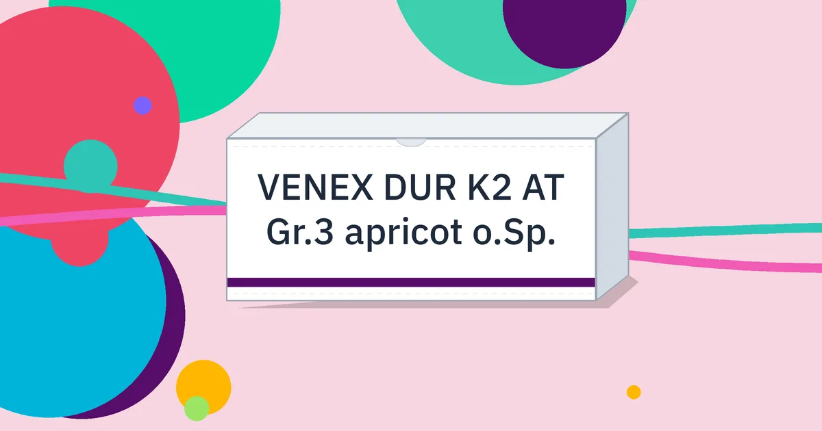 Symbolbild: Packung mit der Aufschrift VENEX DUR K2 AT Gr.3 apricot o.Sp. (PZN 03223485) – Verfügbarkeit und Bezug in Apotheken in Frankfurt am Main