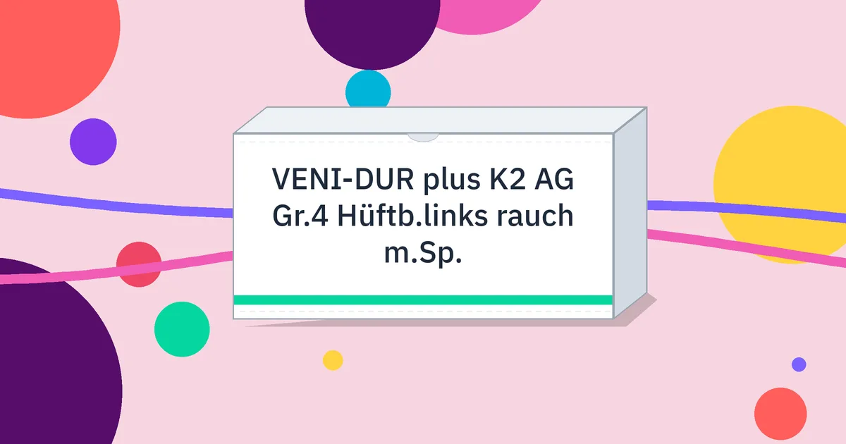 Symbolbild: Packung mit der Aufschrift VENI-DUR plus K2 AG Gr.4 Hüftb.links rauch m.Sp. (PZN 03255580) – Verfügbarkeit und Bezug in Apotheken in Frankfurt am Main