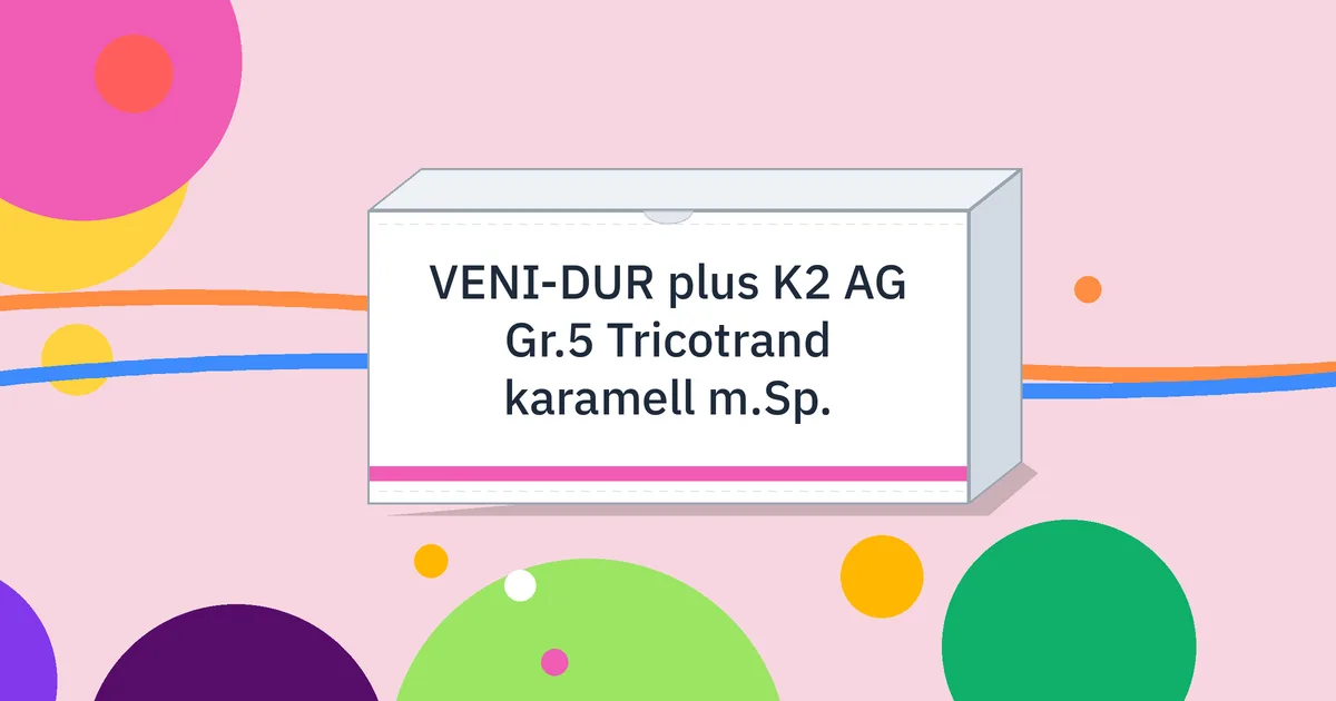 Symbolbild: Packung mit der Aufschrift VENI-DUR plus K2 AG Gr.5 Tricotrand karamell m.Sp. (PZN 13762579) – Verfügbarkeit und Bezug in Apotheken in Frankfurt am Main