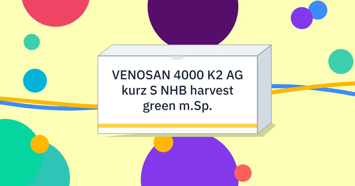 Symbolbild: Packung mit der Aufschrift VENOSAN 4000 K2 AG kurz S NHB harvest green m.Sp. (PZN 18847837) – Verfügbarkeit und Bezug in Apotheken in Frankfurt am Main