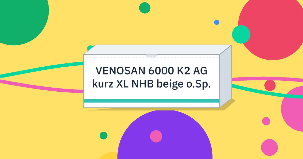Symbolbild: Packung mit der Aufschrift VENOSAN 6000 K2 AG kurz XL NHB beige o.Sp. (PZN 17172739) – Verfügbarkeit und Bezug in Apotheken in Frankfurt am Main