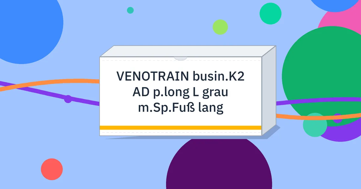 Symbolbild: Packung mit der Aufschrift VENOTRAIN busin.K2 AD p.long L grau m.Sp.Fuß lang (PZN 19056919) – Verfügbarkeit und Bezug in Apotheken in Frankfurt am Main