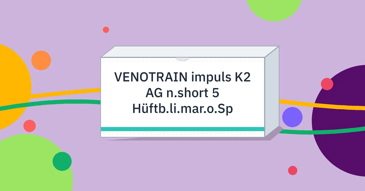 Symbolbild: Packung mit der Aufschrift VENOTRAIN impuls K2 AG n.short 5 Hüftb.li.mar.o.Sp (PZN 15219075) – Verfügbarkeit und Bezug in Apotheken in Frankfurt am Main