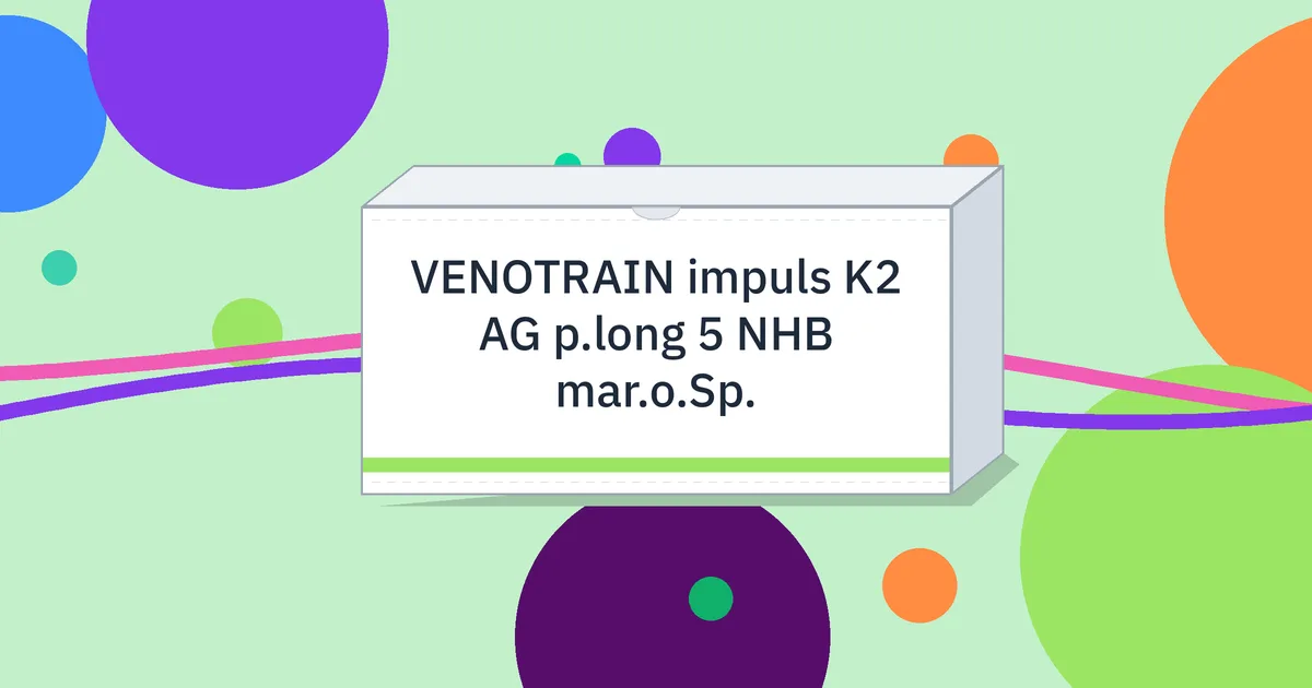 Symbolbild: Packung mit der Aufschrift VENOTRAIN impuls K2 AG p.long 5 NHB mar.o.Sp. (PZN 15214563) – Verfügbarkeit und Bezug in Apotheken in Frankfurt am Main