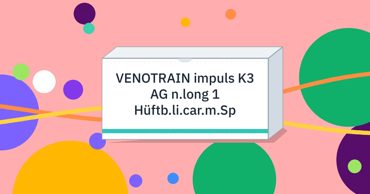 Symbolbild: Packung mit der Aufschrift VENOTRAIN impuls K3 AG n.long 1 Hüftb.li.car.m.Sp (PZN 10295315) – Verfügbarkeit und Bezug in Apotheken in Frankfurt am Main