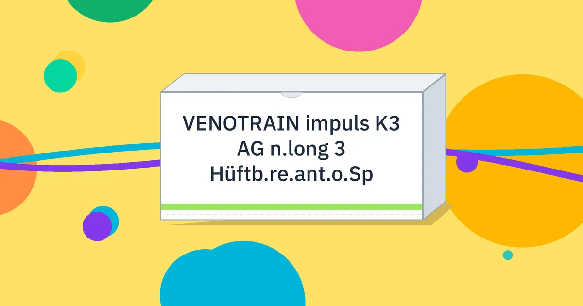 Symbolbild: Packung mit der Aufschrift VENOTRAIN impuls K3 AG n.long 3 Hüftb.re.ant.o.Sp (PZN 15218526) – Verfügbarkeit und Bezug in Apotheken in Frankfurt am Main