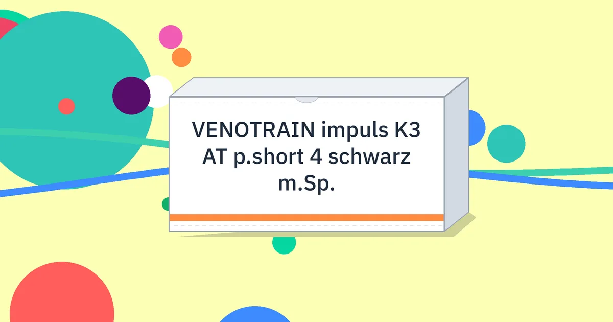 Symbolbild: Packung mit der Aufschrift VENOTRAIN impuls K3 AT p.short 4 schwarz m.Sp. (PZN 19356260) – Verfügbarkeit und Bezug in Apotheken in Frankfurt am Main