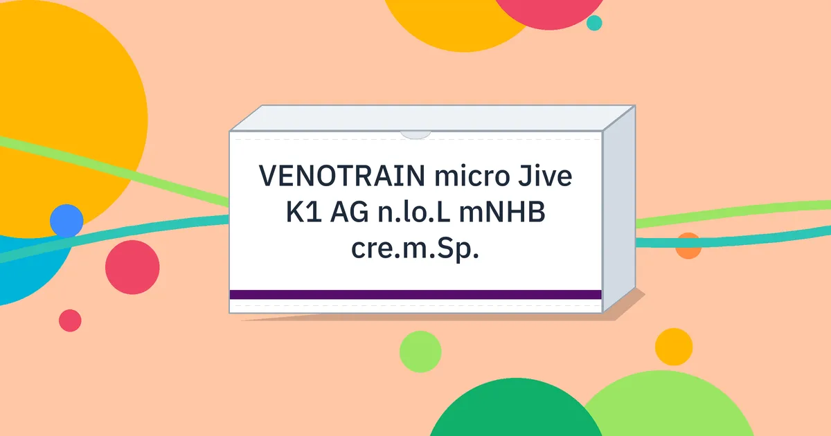 Symbolbild: Packung mit der Aufschrift VENOTRAIN micro Jive K1 AG n.lo.L mNHB cre.m.Sp. (PZN 17757894) – Verfügbarkeit und Bezug in Apotheken in Frankfurt am Main