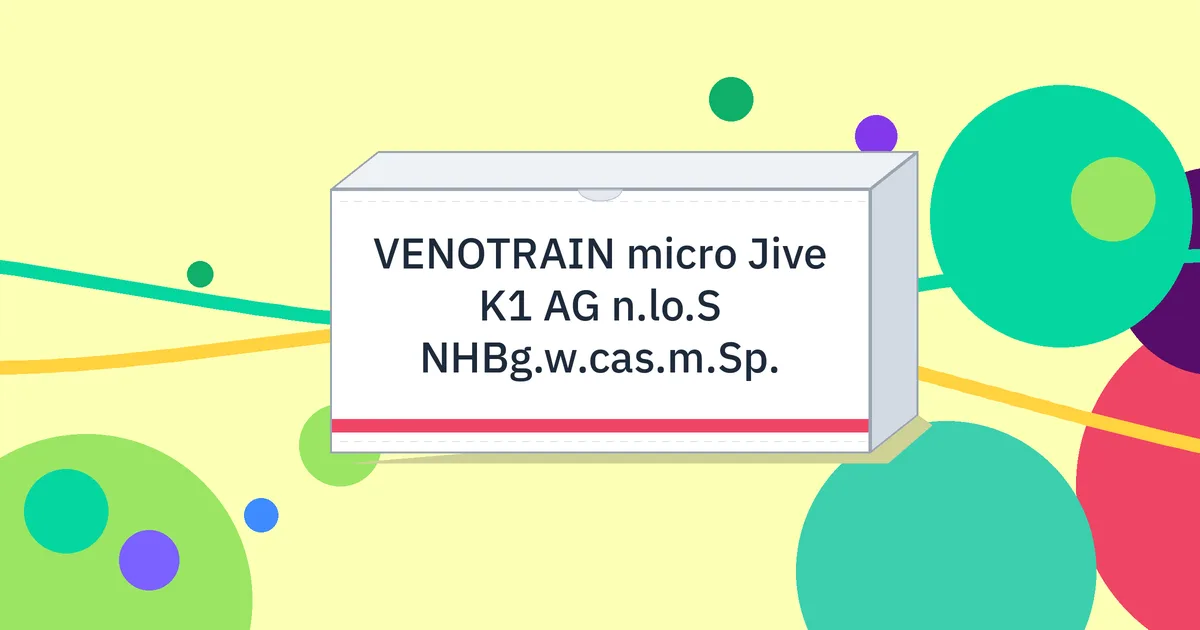 Symbolbild: Packung mit der Aufschrift VENOTRAIN micro Jive K1 AG n.lo.S NHBg.w.cas.m.Sp. (PZN 20767844) – Verfügbarkeit und Bezug in Apotheken in Frankfurt am Main