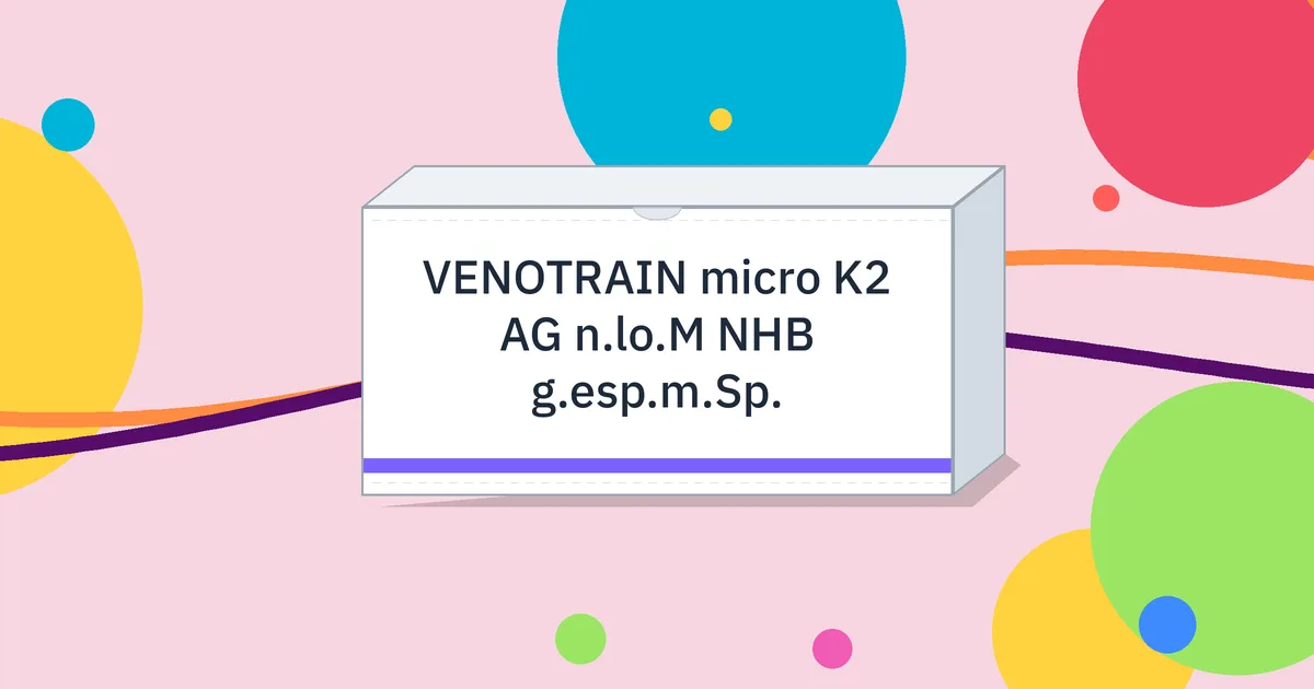 Symbolbild: Packung mit der Aufschrift VENOTRAIN micro K2 AG n.lo.M NHB g.esp.m.Sp. (PZN 06050424) – Verfügbarkeit und Bezug in Apotheken in Frankfurt am Main