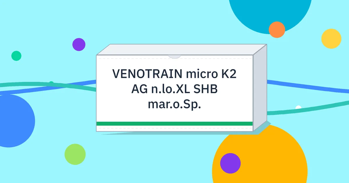 Symbolbild: Packung mit der Aufschrift VENOTRAIN micro K2 AG n.lo.XL SHB mar.o.Sp. (PZN 06326435) – Verfügbarkeit und Bezug in Apotheken in Frankfurt am Main