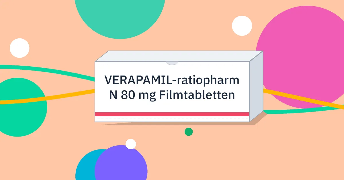 Symbolbild: Packung mit der Aufschrift VERAPAMIL-ratiopharm N 80 mg Filmtabletten (PZN 03634099) – Verfügbarkeit und Bezug in Apotheken in Frankfurt am Main