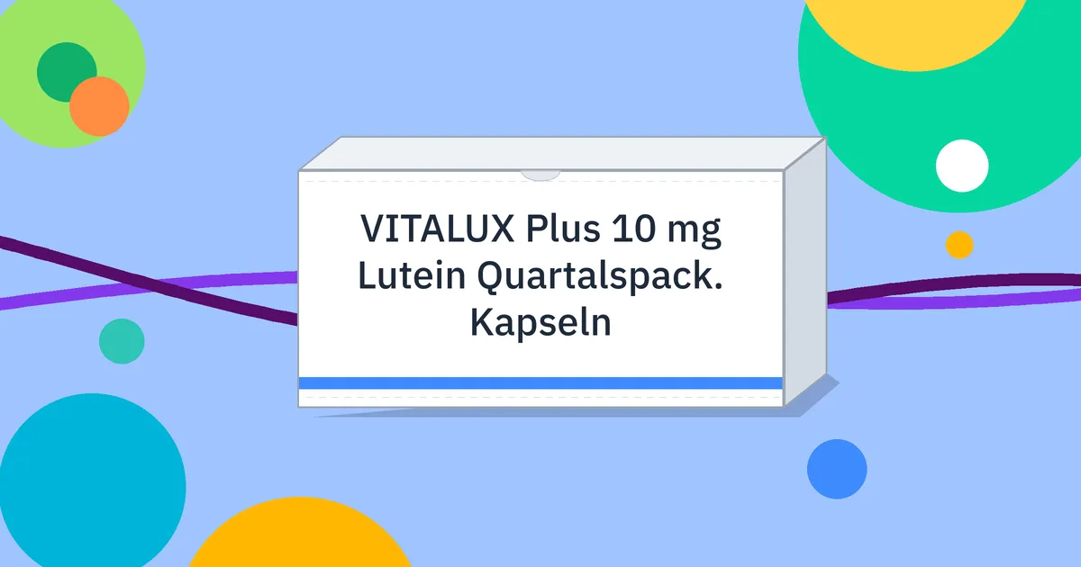 Symbolbild: Packung mit der Aufschrift VITALUX Plus 10 mg Lutein Quartalspack. Kapseln (PZN 05973517) – Verfügbarkeit und Bezug in Apotheken in Frankfurt am Main