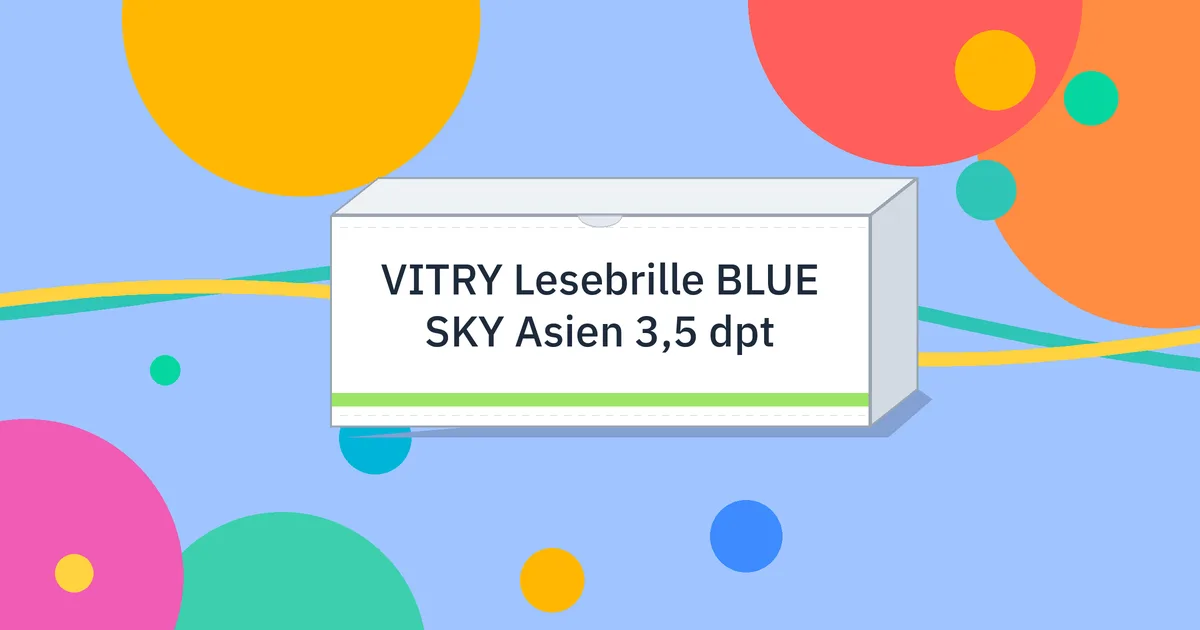 Symbolbild: Packung mit der Aufschrift VITRY Lesebrille BLUE SKY Asien 3,5 dpt (PZN 15622575) – Verfügbarkeit und Bezug in Apotheken in Frankfurt am Main