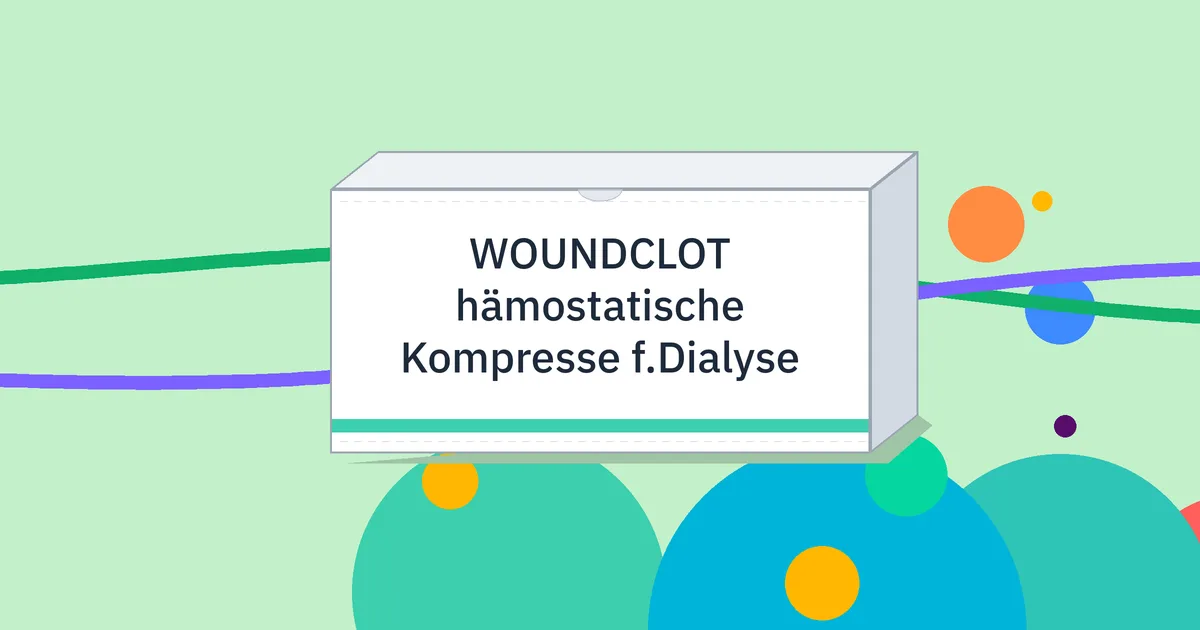 Symbolbild: Packung mit der Aufschrift WOUNDCLOT hämostatische Kompresse f.Dialyse (PZN 14141276) – Verfügbarkeit und Bezug in Apotheken in Frankfurt am Main