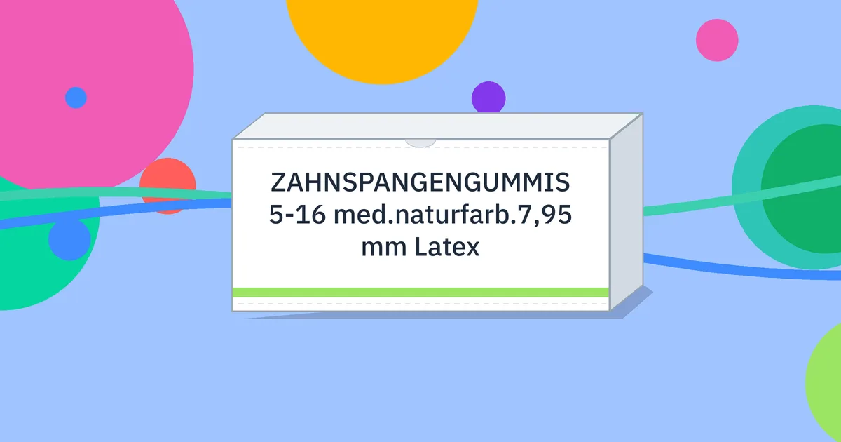 Symbolbild: Packung mit der Aufschrift ZAHNSPANGENGUMMIS 5-16 med.naturfarb.7,95 mm Latex (PZN 11165081) – Verfügbarkeit und Bezug in Apotheken in Frankfurt am Main
