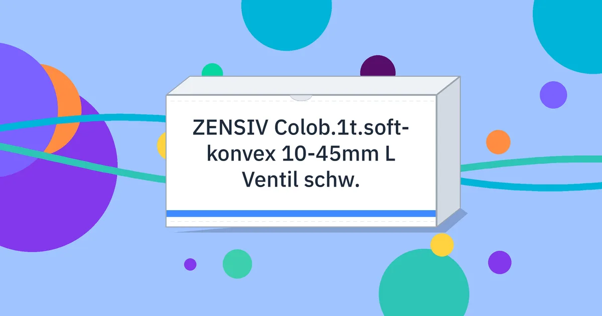 Symbolbild: Packung mit der Aufschrift ZENSIV Colob.1t.soft-konvex 10-45mm L Ventil schw. (PZN 19436728) – Verfügbarkeit und Bezug in Apotheken in Frankfurt am Main