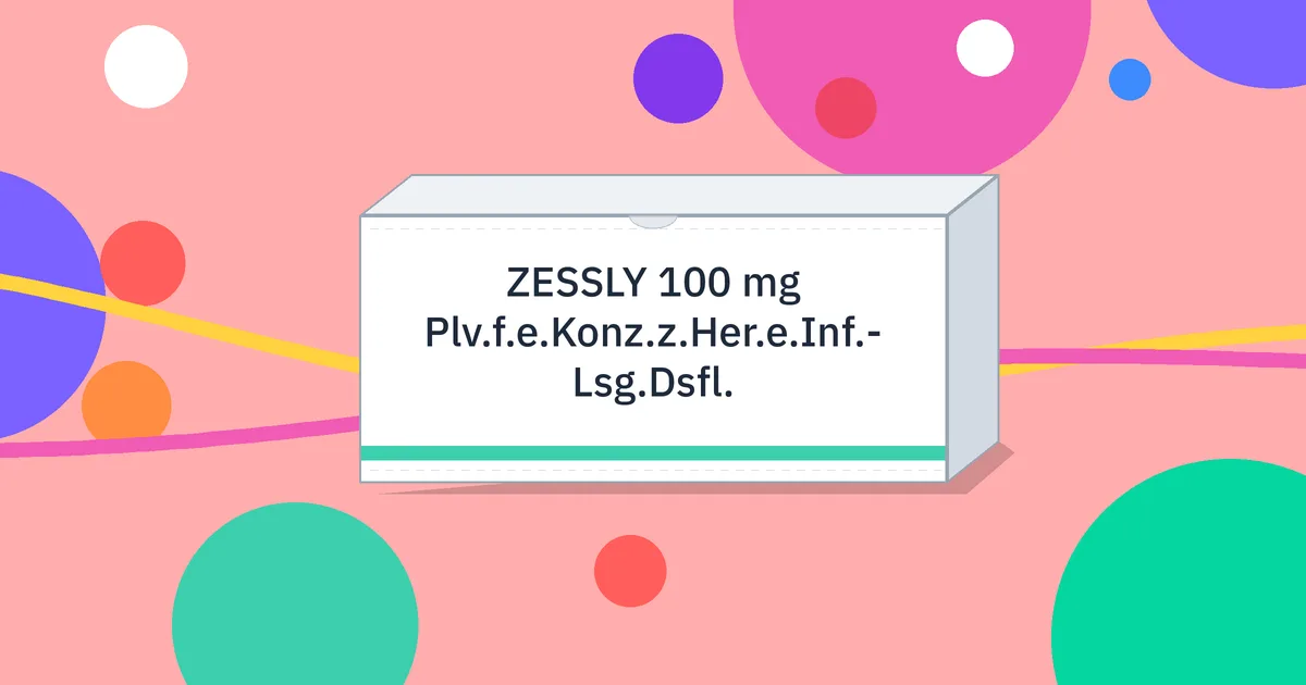 Symbolbild: Packung mit der Aufschrift ZESSLY 100 mg Plv.f.e.Konz.z.Her.e.Inf.-Lsg.Dsfl. (PZN 14184618) – Verfügbarkeit und Bezug in Apotheken in Frankfurt am Main