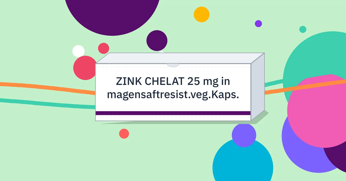 Symbolbild: Packung mit der Aufschrift ZINK CHELAT 25 mg in magensaftresist.veg.Kaps. (PZN 13427970) – Verfügbarkeit und Bezug in Apotheken in Frankfurt am Main