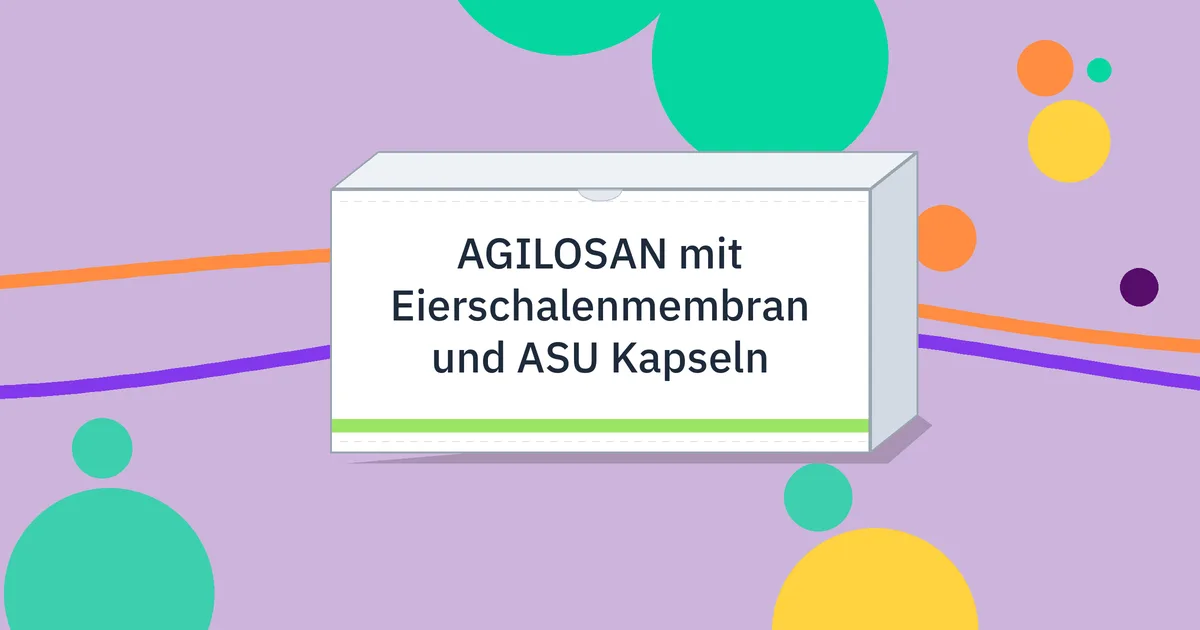 Symbolbild: Packung mit der Aufschrift AGILOSAN mit Eierschalenmembran und ASU Kapseln (PZN 17847114) – Verfügbarkeit und Bezug in Apotheken in Frankfurt am Main