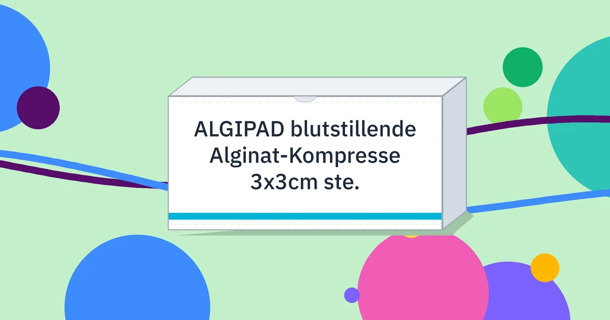 Symbolbild: Packung mit der Aufschrift ALGIPAD blutstillende Alginat-Kompresse 3x3cm ste. (PZN 19112925) – Verfügbarkeit und Bezug in Apotheken in Frankfurt am Main