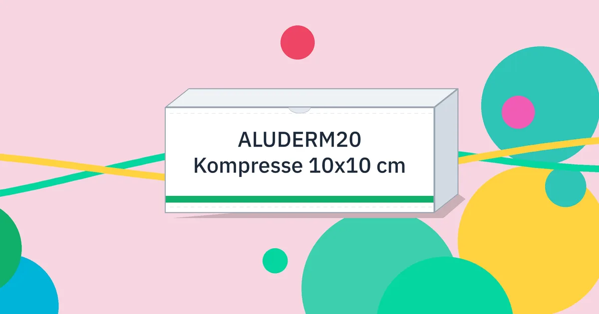 Symbolbild: Packung mit der Aufschrift ALUDERM20 Kompresse 10x10 cm (PZN 19772780) – Verfügbarkeit und Bezug in Apotheken in Frankfurt am Main