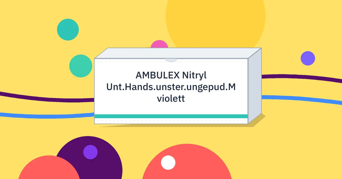 Symbolbild: Packung mit der Aufschrift AMBULEX Nitryl Unt.Hands.unster.ungepud.M violett (PZN 17879137) – Verfügbarkeit und Bezug in Apotheken in Frankfurt am Main