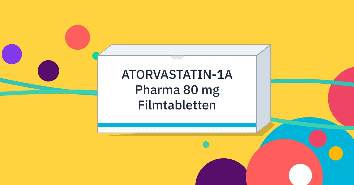 Symbolbild: Packung mit der Aufschrift ATORVASTATIN-1A Pharma 80 mg Filmtabletten (PZN 07753027) – Verfügbarkeit und Bezug in Apotheken in Frankfurt am Main